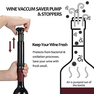 Wine Air Pressure Pump Opener Set, Tirrinia Wine Bottle Cork Remover Accessory Tool Kit with Wine Saver, 2 Vacuum Stoppers, Wine Pourer and Foil Cutter, Perfect Wine Lover Gifts, Silver