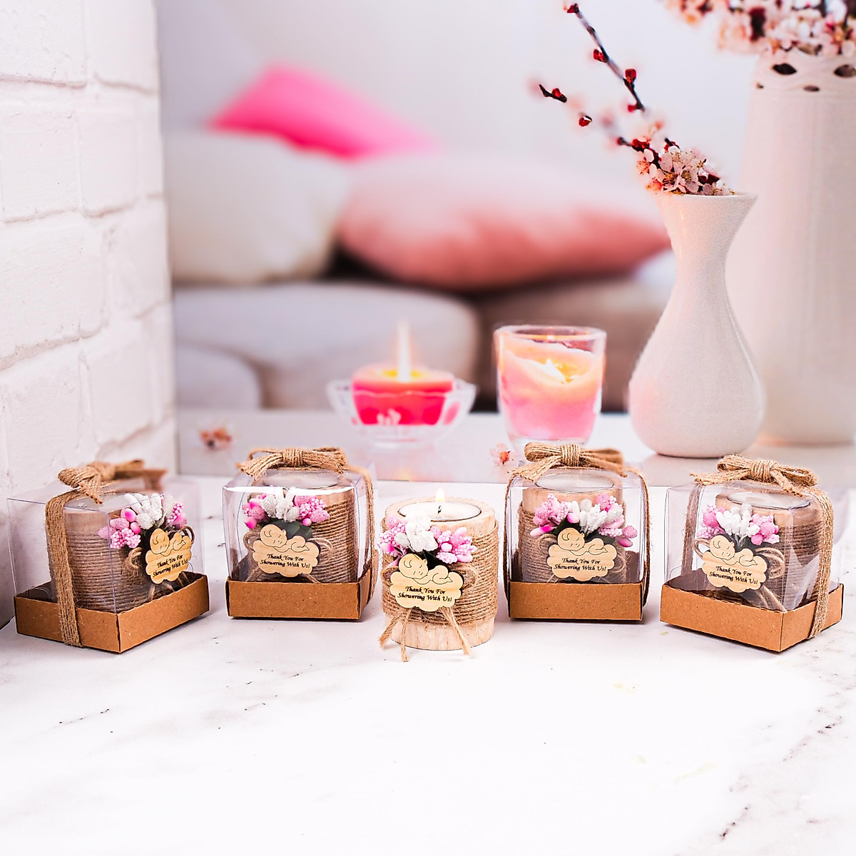 HTF Pack of 10 Baby Shower Decorations Wood Tealight Candle Holder, Baby Shower Gifts, Baby Shower Wood Candle Holders (Baby Shower-Pink, Light Brown)