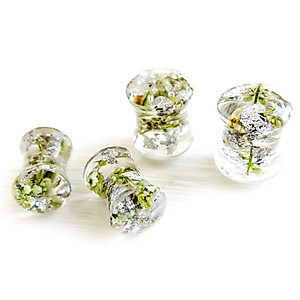 ETERNIADA Ear gauges and Plugs Silver Flakes and Tamarisk Flower Plug and Tunnel 0g Plugs 28mm Plugs Floral gauges Resin Plug Bridal Plugs 6g 4g 2g Dried Herbs (22mm / 7/8" / Pair)