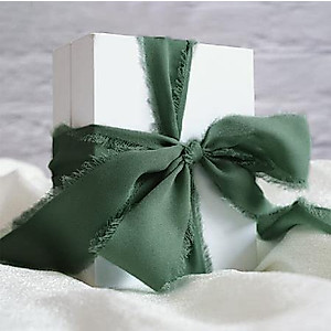 Chiffon Silk Ribbon Green & White Handmade Frayed Fringe Sheer Boho Ribbon for Flower Bouquet, Gift Wrapping, Wedding Invitations, 1-1/2'' 5 Yards*4 Rolls