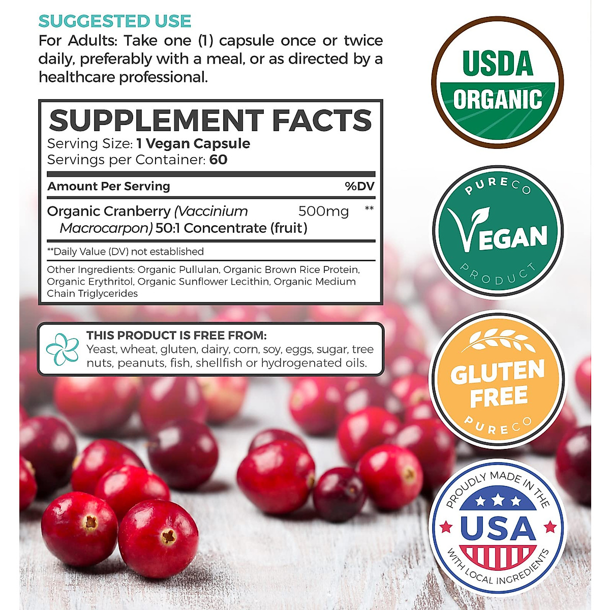 Organic Cranberry Pills - 50:1 Concentrate Equals 25,000mg of Fresh Cranberries (Vegan) for Urinary Tract Health & Kidney Cleanse - Cranberry Pills for Women - UTI Support Supplement - 60 Capsules