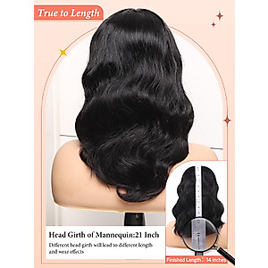 WIGNEE Natural Wave Wigs with Bangs 100% Brazilian Human Hair Fashion Wave Wigs Natural Black (14 Inch)