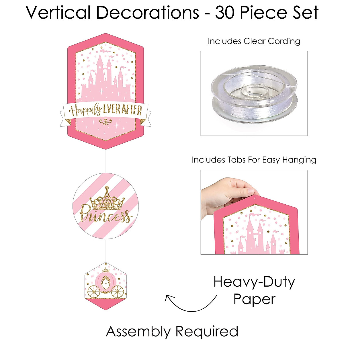 Big Dot of Happiness Little Princess Crown - Pink and Gold Princess Baby Shower or Birthday Party DIY Dangler Backdrop - Hanging Vertical Decorations - 30 Pieces