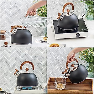 Stainless Steel Whistling Tea Kettle, 2.2 QT / 88 OZ Vintage Black Teapot with Wood Pattern Folding Handle, Stovetop Kettle for Tea, Water, Coffee, Milk, etc, Gas Electric Applicable