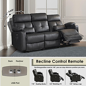 Consofa Power Reclining Sofa with Heat and Massage, Power Reclining Couch with Extended Footrest, Recliner Sofa 3 Seater with USB Ports & Cup Holders for Living Room, Home Theater Seating