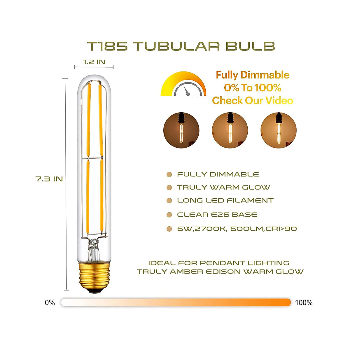 Long T10 LED Bulb, 7.3in Vintage Edison Dimmable Bulb 6W 2700K Warm White Tubular Bulbs, E26 Medium Base Clear 600LM 60W Equivalent for Cylinder Pendant Wall Sconces Chandelier Vanity 6Pack