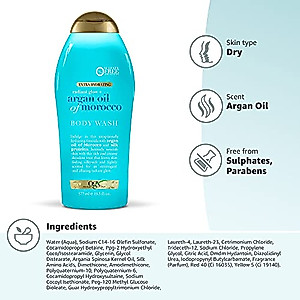 OGX Radiant Glow + Argan Oil of Morocco Extra Hydrating Body Wash for Dry Skin, Moisturizing Gel Body Cleanser for Silky Soft Skin, Paraben-Free, Sulfate-Free Surfactants, 19.5 fl oz