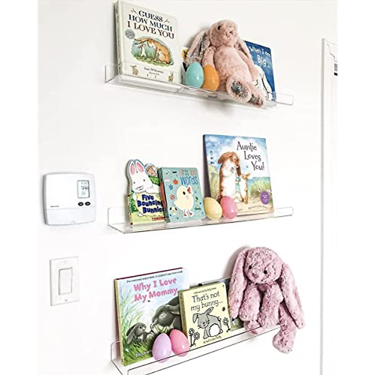 Acrylic Floating Wall Shelves 2 Pack Kids Bookshelf 24 Inch, Wall Mounted Invisible Ledge Shelf, Spice Rack, 4MM Thick Clear Bathroom Storage Shelves Display Organizer Toy Picture with 6 Screws