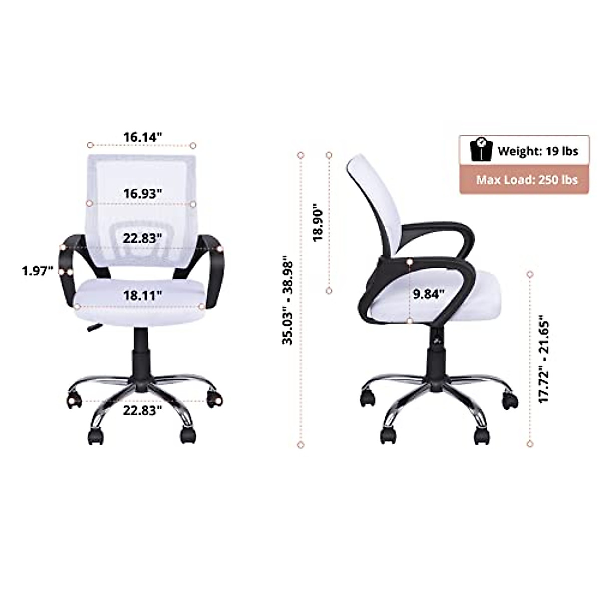 Naomi Home Height Adjustable Ergonomic Drafting Chair Mesh Mid-Back Swivel Office Chair with Armrest, Lumbar Support, Back Adjustment, Caster Wheels, Executive Rolling Computer Desk Chair - White