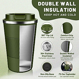 Insulated Coffee Tumblers with Flip Lid 12oz / 17oz, Stainless Steel Travel Coffee Mug Leak Proof, Vacuum Insulated Coffee Mug Thermos Cup, Keeps Cold and Hot for Coffee Tea