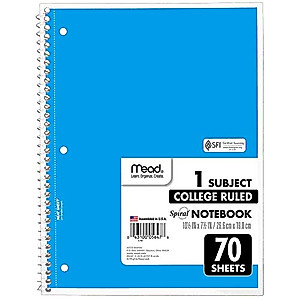 Mead Spiral Notebooks, 6 Pack, 1-Subject, College Ruled Paper, 10-1/2" x 8”, 70 Sheets per Notebook, Assorted Colors (73065)…
