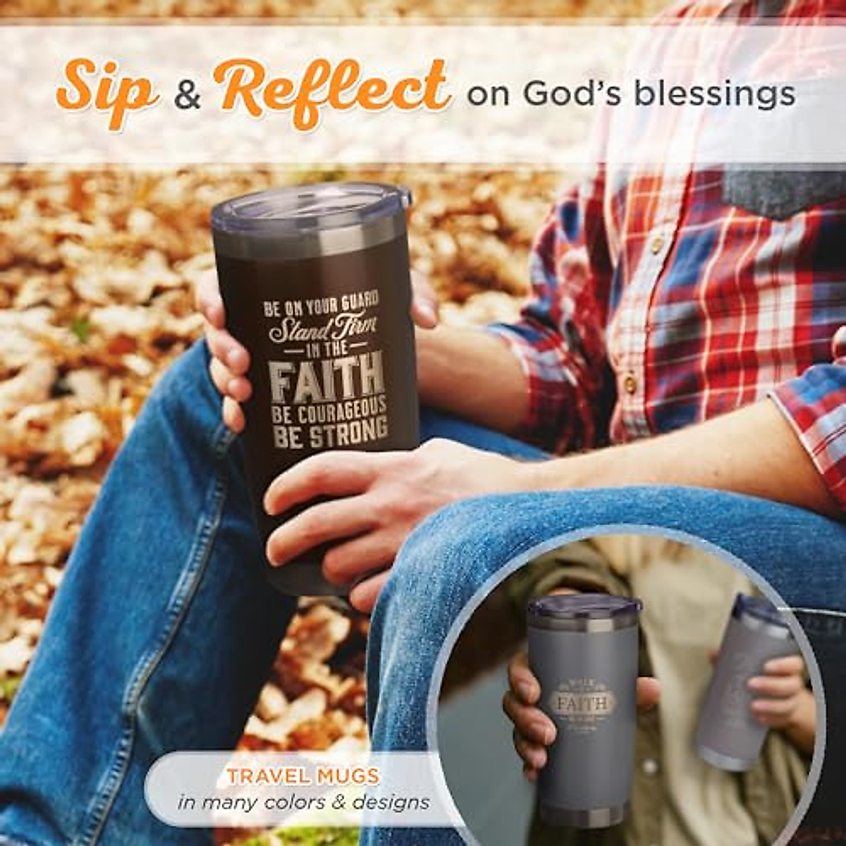 Christian Art Gifts Stainless Steel Double Wall Vacuum Insulated Tumbler 18 oz Brown Travel Mug with Retractable Lid for Women & Men Inspirational Bible Verse - Stand Firm -1 Corinthians 16:13