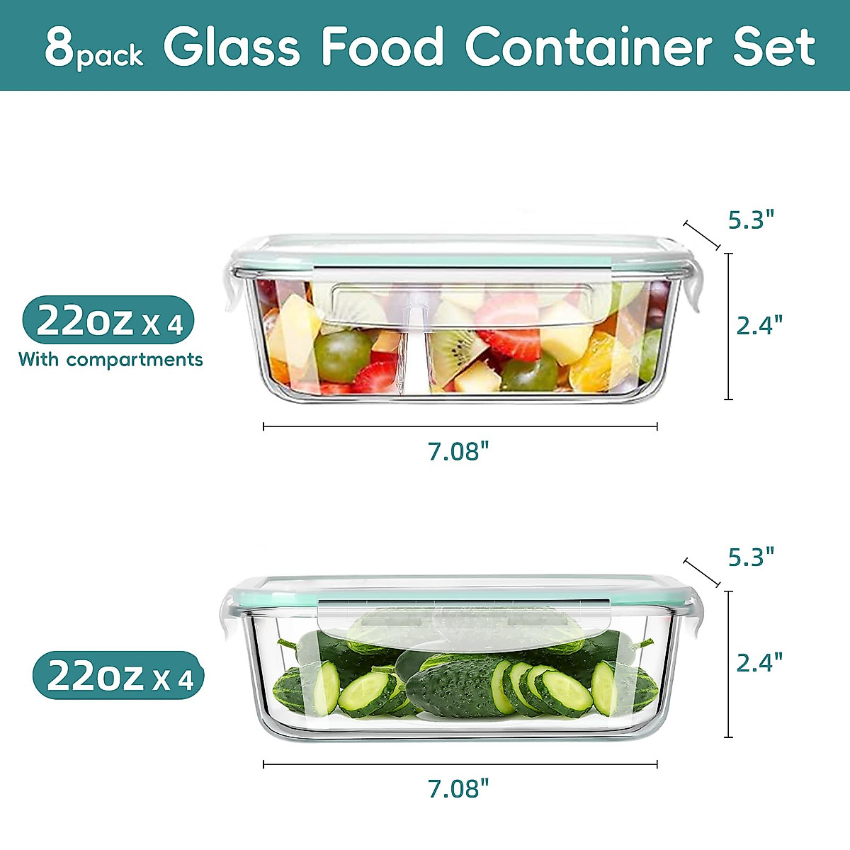 ECO-TOGO Airtight Glass Food Storage Containers with Lids, Glass Lunch Box, Leak-proof, BPA-Free, Microwave, Oven, Freezer, Dishwasher (8-Pack)