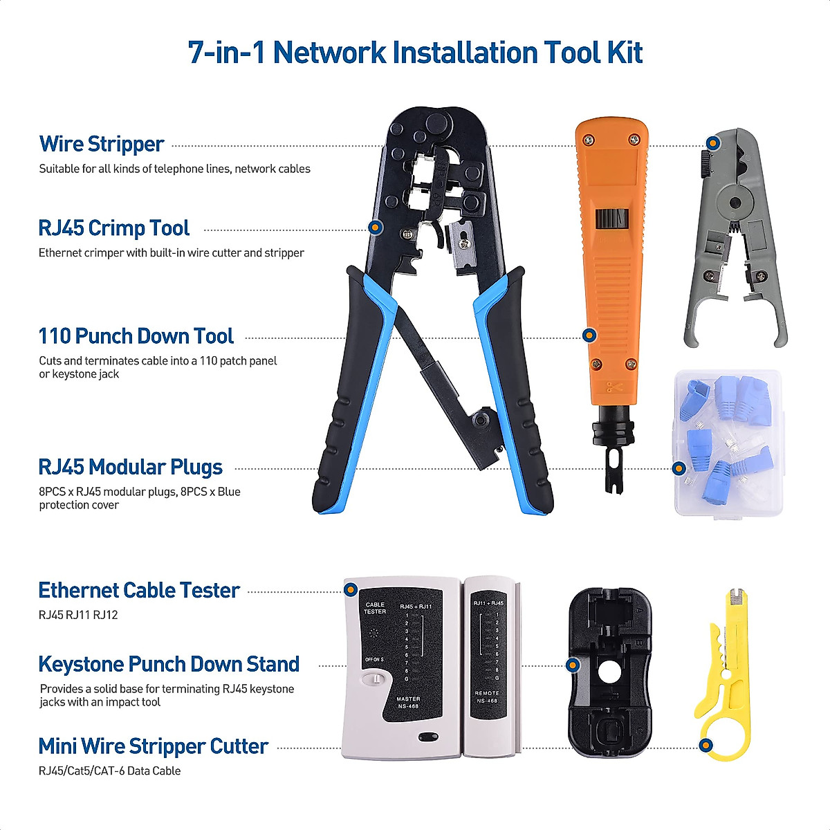 Cable Matters 7-in-1 Network Tool Kit with RJ45 Ethernet Crimping Tool, Punch Down Tool, Punch Down Stand, Cable Tester, RJ45 Connectors, RJ45 Boots, and Wire Strippers - Carrying Case Included