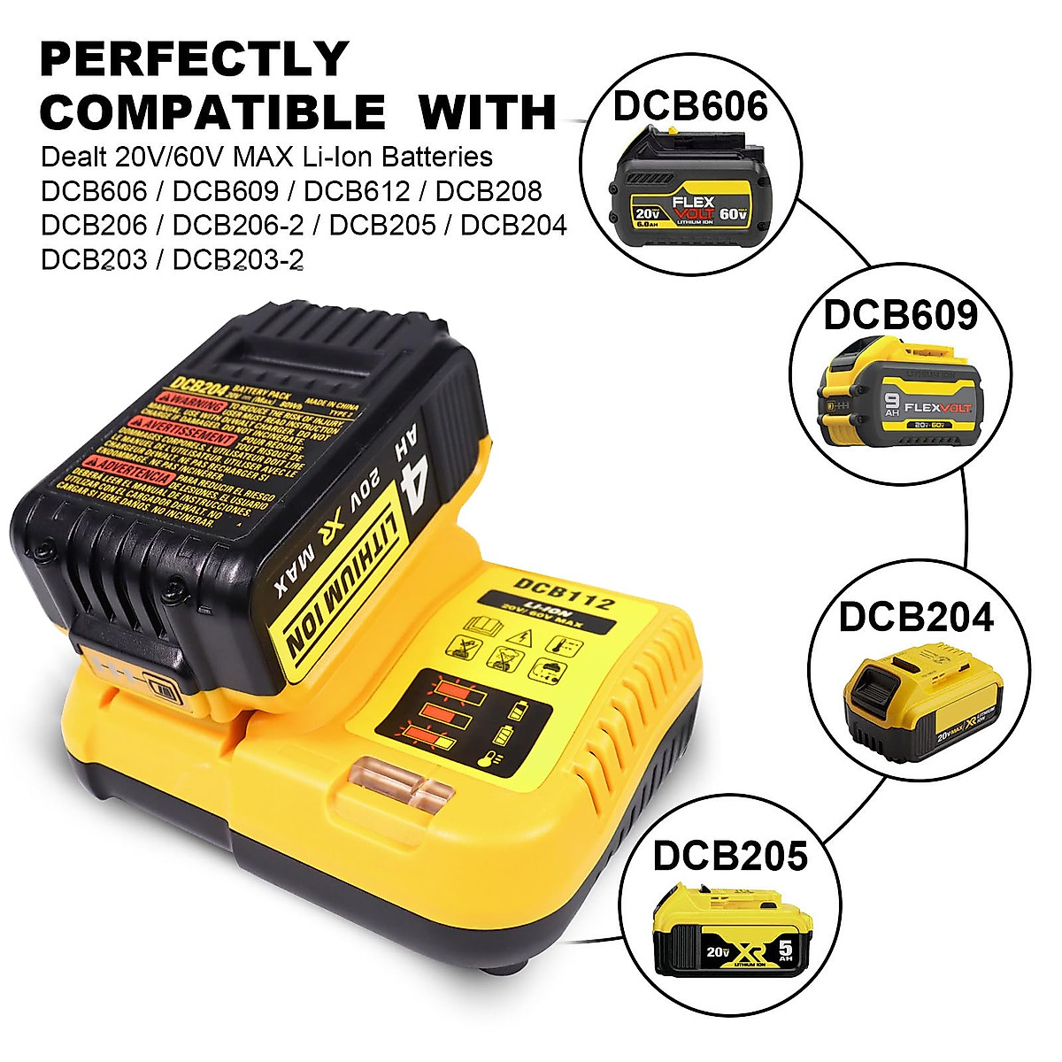 Battery Charger Replacement for Dewalt 12V 20V and 60V MAX Lithium-Ion Battery DCB112 for DCB205 DCB112 DCB201 DCB200 DCB612 DCB609-2 DCB609 DCB606 DCB606-2 DCB208 DCB206 DCB206-2 DCB204 DCB203