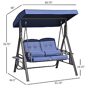 Outsunny 2 Seater Swing Chair, Garden Loveseat Swing Bench with Adjustable Canopy, Soft Cushions, Throw Pillows and Tray for Patio, Yard, Dark Blue