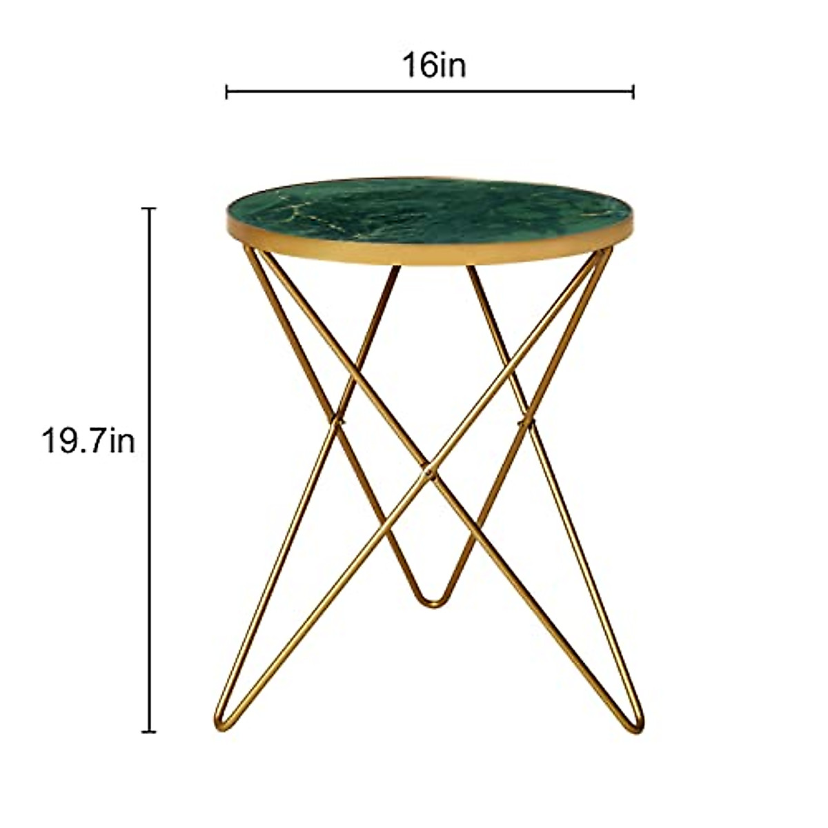 Modern Round Side Table, End Table with Marble Effect Top and Gold Metal Frame, Small Side Table for Living Room, Bedroom, Sofa and Couch, Gold Legs, Green Marble top