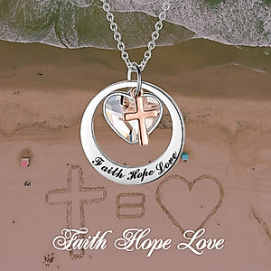 AOBOCO Two-Tone Sterling Silver and Rose Gold-Faith Hope Love Cross Charm Pendant Necklace with Austrian Crystal