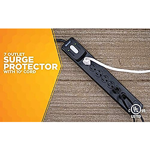 Woods 41496 Surge Protector With Safety Overload Feature 7 Outlets And 10 Ft Cord For 1440J Of Protection, Black