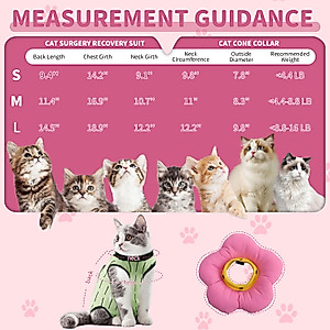 EMUST 2PCS Cat Recovery Suit and Cat Cone Collar Female, Cute Cat Surgical Suit for Abdominal Wounds or Skin Diseases, Adjustable Flower Neck Cat Cone Collar Soft for Cats 4-8lb(Green, M)