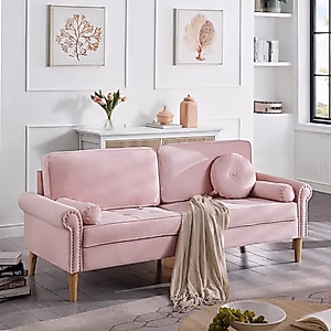 RXRRXY Modern Loveseat Sofa,Velvet Loveseats for Small Spaces, Mid Century 3 Seater Sofas,Button Tufted Upholstered Couch for Bedroom,with Pillow,Suitable for Living Rooms, Apartments,Office. (Pink)