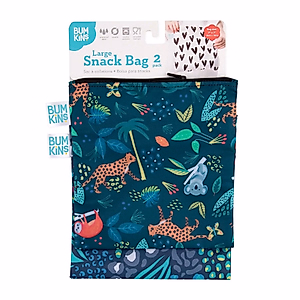 Bumkins Reusable Sandwich and Snack Bags, for Kids School Lunch and for Adults Portion, Washable Fabric, Waterproof Cloth Zip Bag, Travel Pouch, Food-Safe Storage, Large 2-pk Jungle