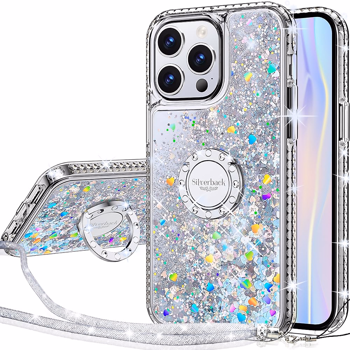 Silverback for iPhone 14 Pro Case with Ring, Moving Liquid Holographic Sparkle Glitter Case with Stand, Girls Women Bling Diamond Slim Protective Case for Apple iPhone 14 Pro 6.1''- Clear Silver
