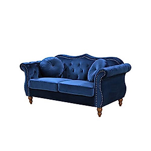 Container Furniture Direct Anna1 Velvet Upholstered Classic Nailhead Chesterfield Living Room, Sofa & Loveseat, Blue Mist
