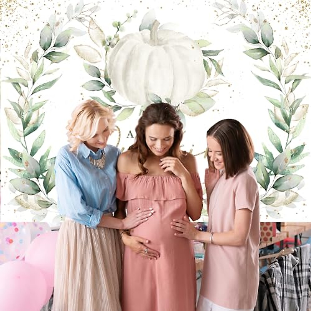 Mocsicka Greenery Gold Pumpkin Baby Shower Backdrop White Pumpkin Baby Shower Background Autumn Fall Baby Shower Party Decorations Banner Photo Studio Props (7x5ft)