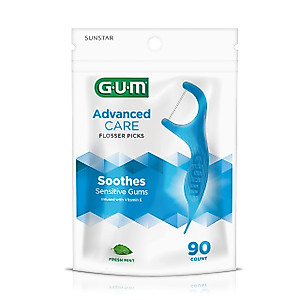 GUM Advanced Care Floss Picks - Dental Flossers for Adults with Vitamin E and Fluoride - Extra Strong Shred-Resistant Dental Floss, Easy Grip Handle, Fresh Mint Flavor, 90 ct