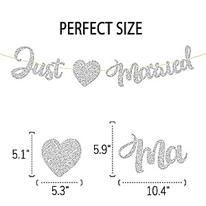 Just Married Banner for Wedding Bachelorette, Bridal Shower, Engagement Party Decoration Silver Gliter Sign, Mr and Mrs Sign