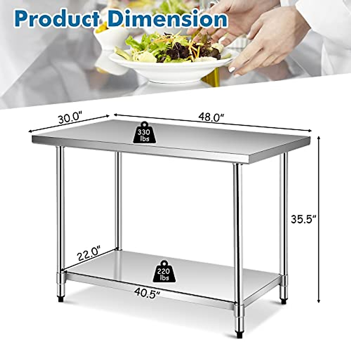 Giantex 48 x 30 Inches Stainless Steel Food Prep Table, Heavy Duty Commercial Kitchen Metal Table with Adjustable Lower Shelf and Plastic Feet, Steel Work Prep Table for Restaurant Home