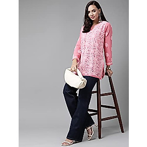 Ada Indian Hand Embroidered Chikankari Women's Pink Georgette Top Tunic Shirt Kurti A911225 (XX-Large)