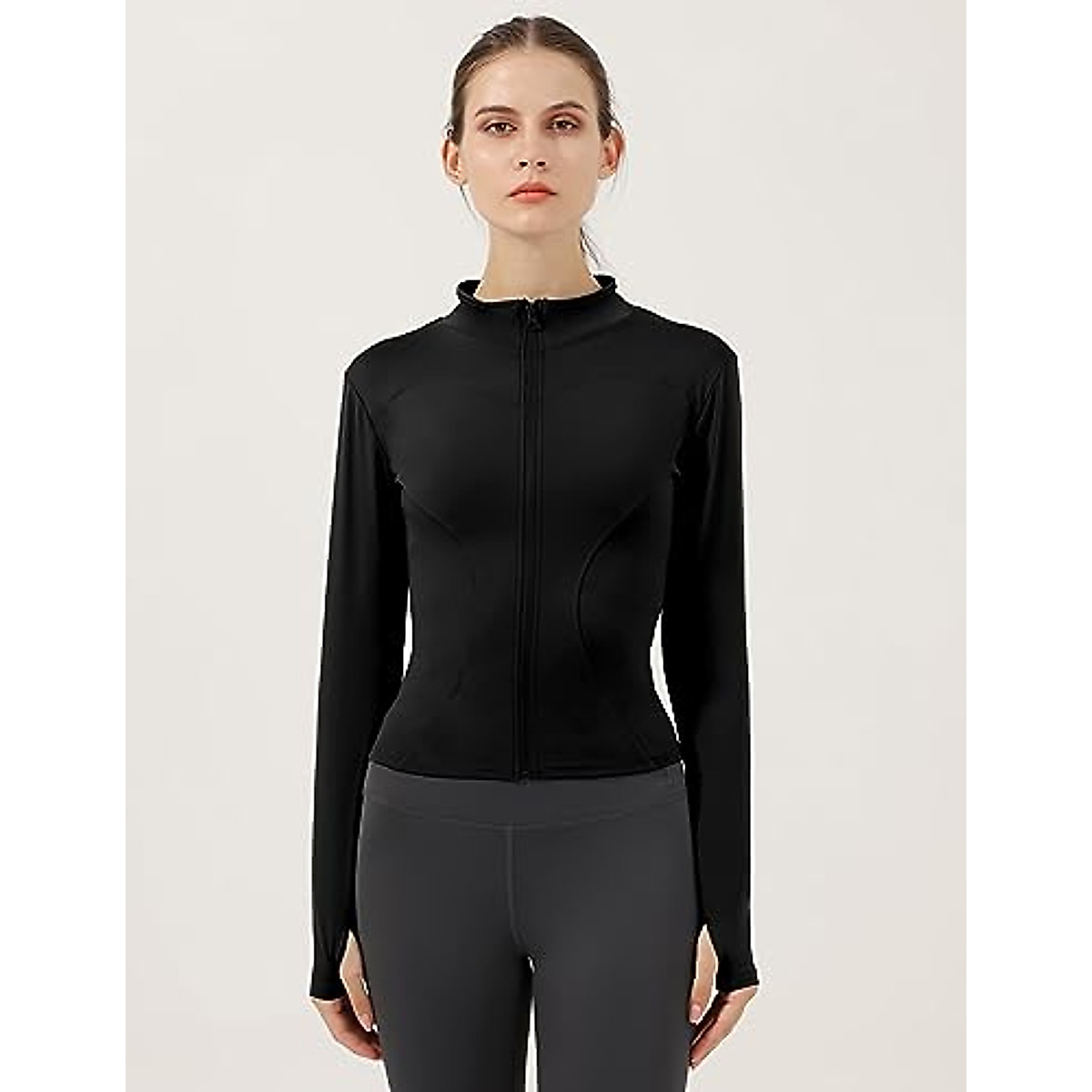 Locachy Women's Lightweight Stretchy Workout Full Zip Running Track Jacket with Thumb Holes Black M