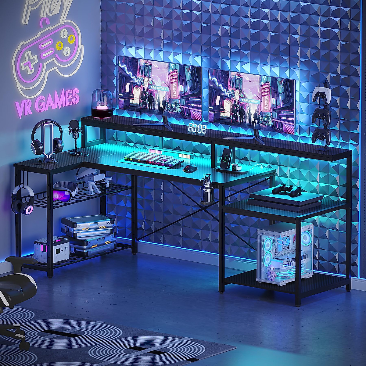 Bestier Gaming Desk with Power Outlets, 71.5 LED Computer Desk with Long Monitor Stand, Large L Shaped Corner Desk with Storage Shelf, Cup Holder Headset Hooks, Cool Desk for Gaming Room, Black