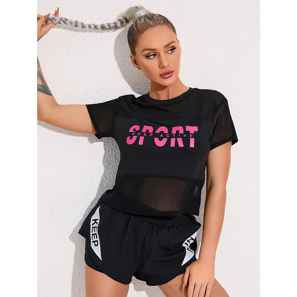 MakeMeChic Women's Workout Athletic Shirts Letter Graphic Mesh Insert Short Sleeve Crew Neck Stretch Sports Crop Tops Black M