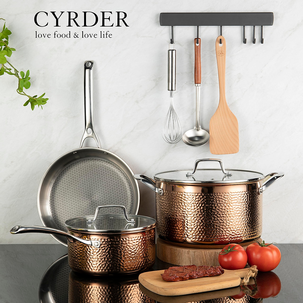 Cyrder Stainless Steel Pots and Pans Set, Luxury Tri-Ply Hammered Kitchenware Cookware with Lids, Heavy Duty & Non-Toxic Rose Gold Special Hammered Pattern Detail, 5-Piece