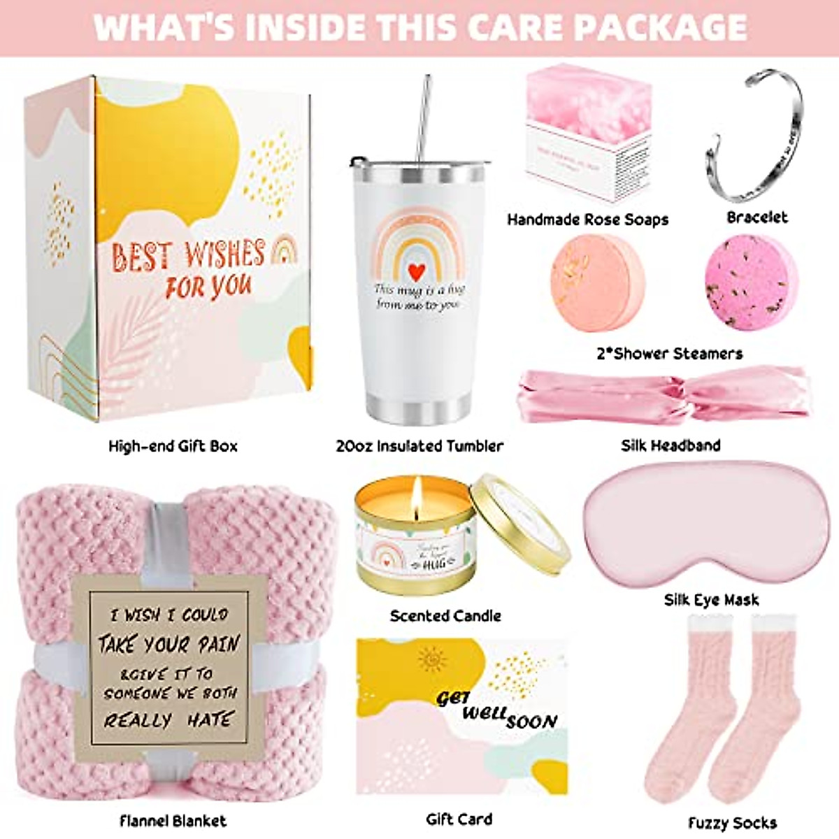 Get Well Soon Gifts, 12 Pcs Care Package Get Well Gift Basket for Sick Friends After Surgery, Feel Better Self Care/ Sympathy Gifts Thinking of you Box for Women Mom Her w/Pink Blanket