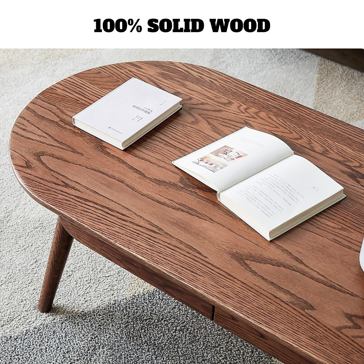 Vadisun Modern 100% FAS Oak Coffee Table - Unique Coffee Table & Space-Saving Wooden Coffee Table Easy Assembly (Walnut color with drawers)