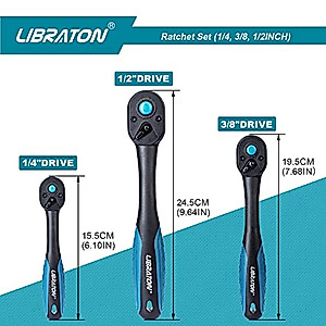 LIBRATON Ratchet Set, 3-Piece 1/4", 3/8", 1/2" Ratchet Handle with Teardrop Head, Quick-Release Ratchet Set with Comfort Grip, Reversible Design, 72-Tooth, EVA Organizer