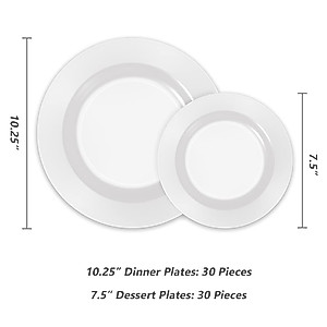 Plastic Plates Disposable 60 PCS, Heavy Duty 30 Dinner Plates 10.25" and 30 Dessert Plates 7.5", White Plates for Party