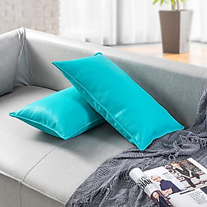 YINNAZI Thick Heavy Duty Soft Faux Leather Throw Pillow Covers, Solid Color, Waterproof Dustproof, Square Garden Cushion case, Pillowcase for Patio Couch Sofa Bench, 12x 20 Inch, Set of 2, Teal Green