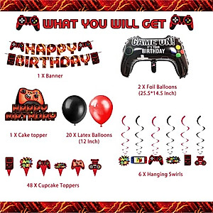 Red Video Game Party Supplies - 212Pcs Gamer Gaming Party Decoration For Boys Birthday Party - Table Cover, Plates, Cups, Napkins, Utensils, Hanging Swirls, Birthday Banner, Cupcake, Topper Cake Topper & Balloons Serves 16 Guests