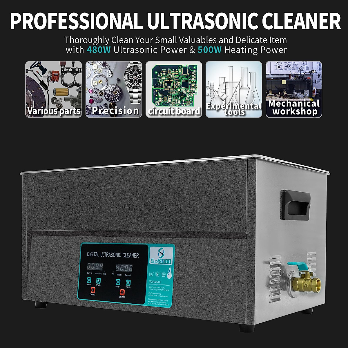 SupRUCCI Ultrasonic Cleaner 20L 480w High Power Ultrasonic Parts Cleaner with Heater Timer for Cleaning 3D Printed, Parts, Carburetor, Circuit Board, Jewelry, Safely Removes Oil and Rust.
