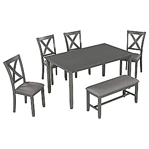 Merax Six Pieces Wooden Rectangular Dining Table Set with 4 Padded Chairs and Bench, Family Furniture, Grey-6