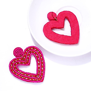 XOCARTIGE Valentine’s Day Earrings for women Heart Dangle Drop Earrings Red Beaded Earrings Romantic Sparkling Rhinestone Handmade Gift Earrings (Rose Red)