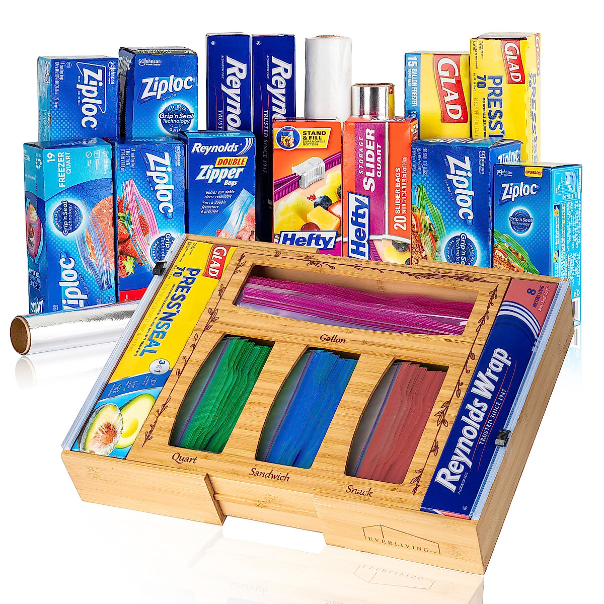 EVERLIVING Bamboo Ziplock Bag Organizer for Drawer & Countertop – Convenient 6-Slot Plastic Bag Organizer – Aluminum Foil Organization and Storage with Cutter – Ziplock Bag Storage Organizer