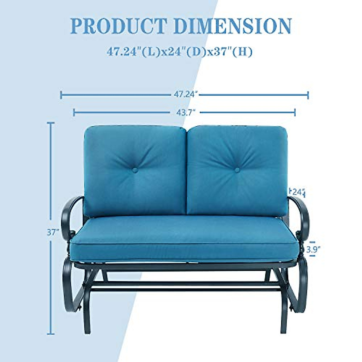 Cemeon Outdoor Glider Rocking Chair Patio Swing Glider Bench for 2 Person, Metal Frame Loveseat Chair with Cushions (Peacock Blue)