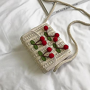 Straw Bags for Women, Hand-woven Straw Cherry Shoulder Bag Tote Summer Retro Beach Rattan Bag Straw Crossbody Bag for Lady Girls (Beige)