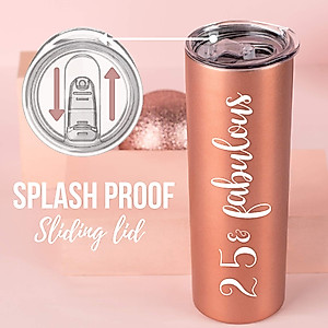 Onebttl 25 & Fabulous 20 Oz Insulated Stainless Steel Wine Tumbler, 25th Birthday Gifts Party Supplies Decorations for Women Funny Tumbler Gifts Idea for Friends Her Wife Mom Coworkers, Rose Gold